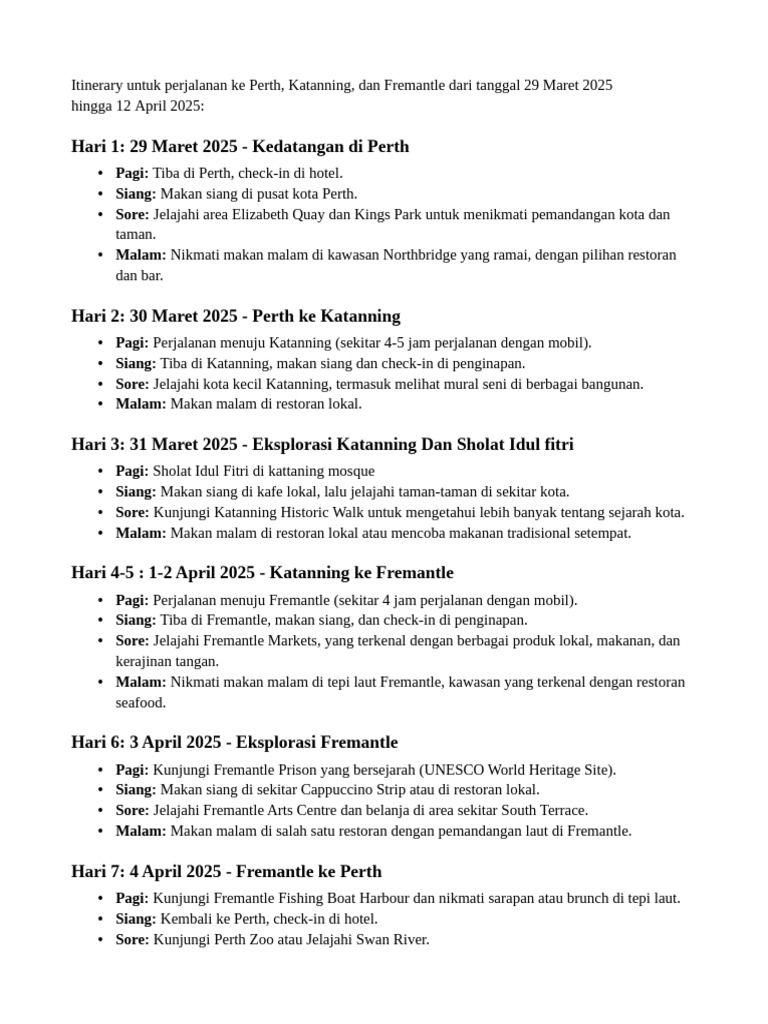 Itenerary Perth | PDF