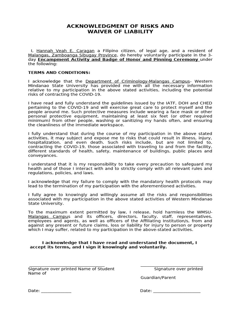 Risk Acknowledgment and Liability Waiver | PDF | Legal Liability
