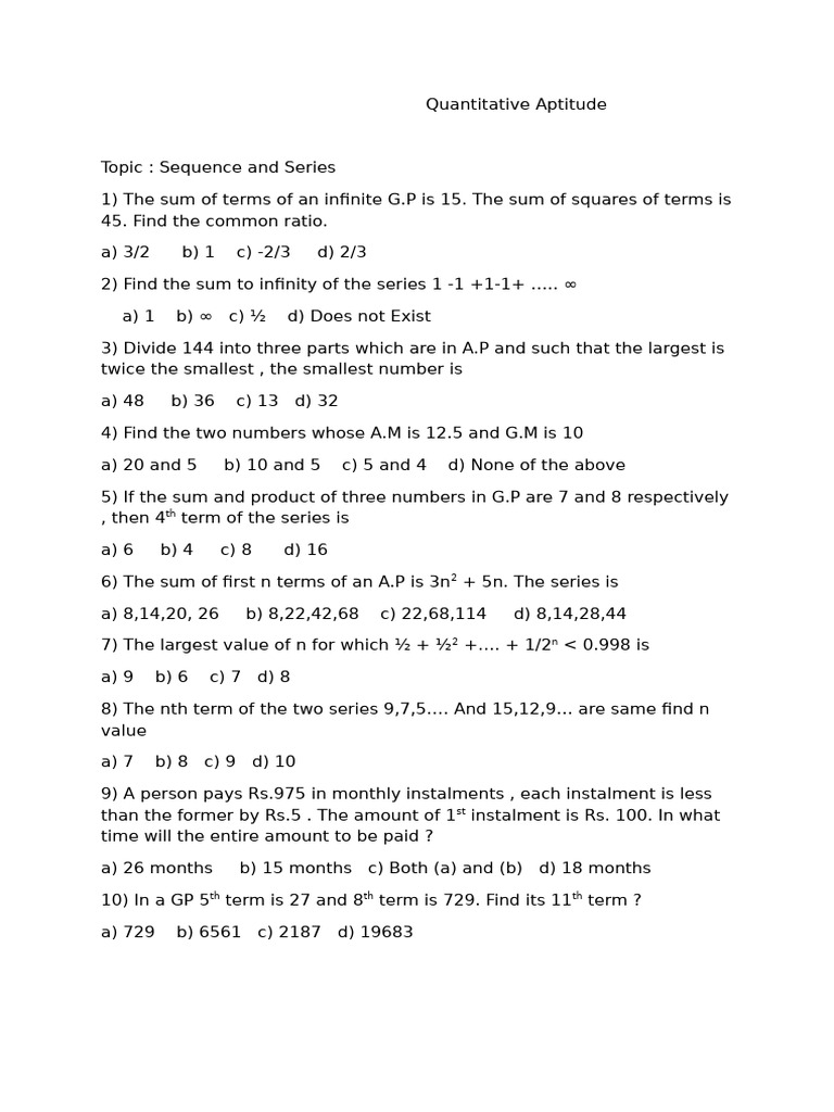 Sequence and Series Aptitude Problems | PDF