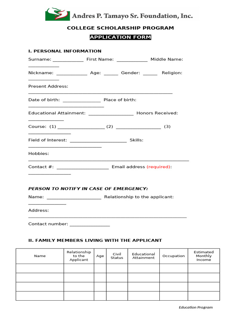 College Scholarship Application Form | PDF