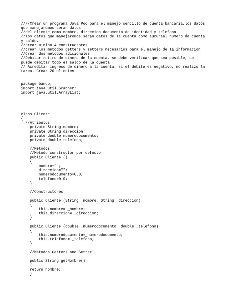 Programa Java para Manejo de Cuentas Bancarias | PDF | Programación de ...