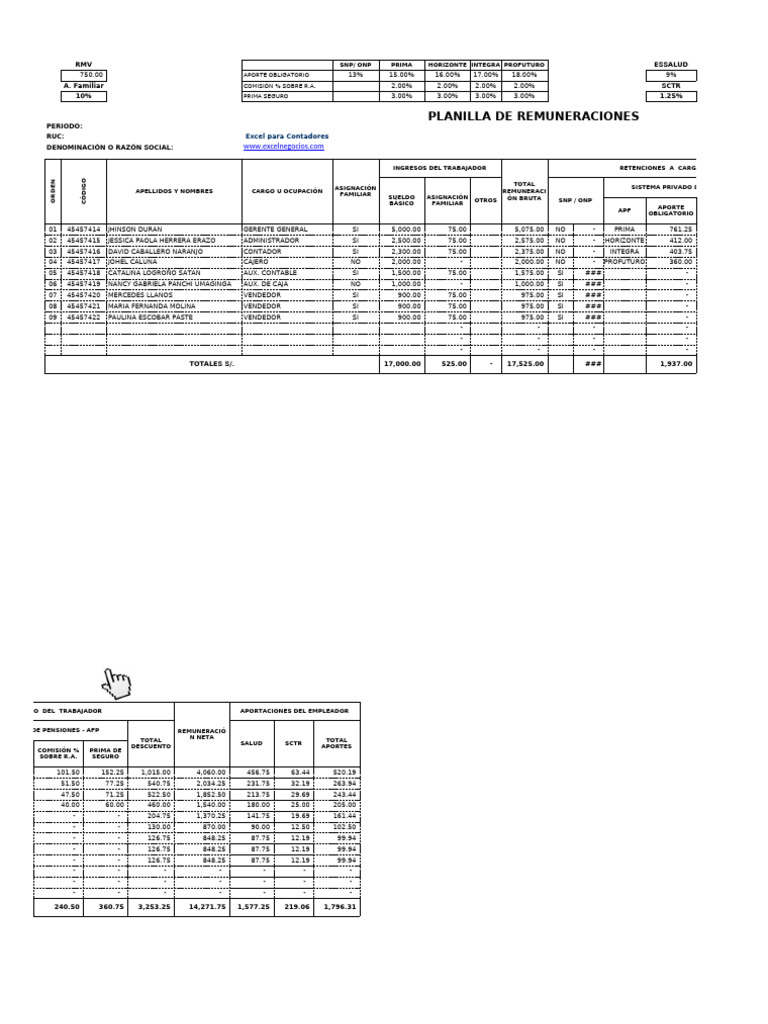 Planilla de remuneraciones en Excel + asiento contable | PDF | Pensión | Beneficios para empleados