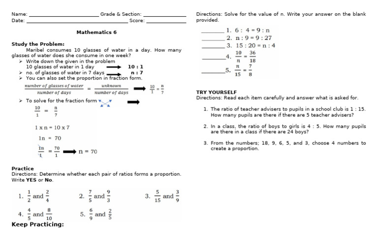 Math Proportions Practice for Grade 6 | PDF