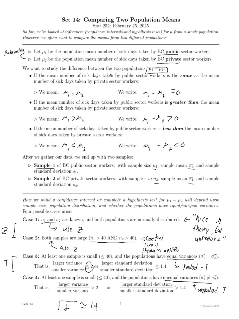 Comparing Means of Two Populations | PDF | Standard Deviation | Variance