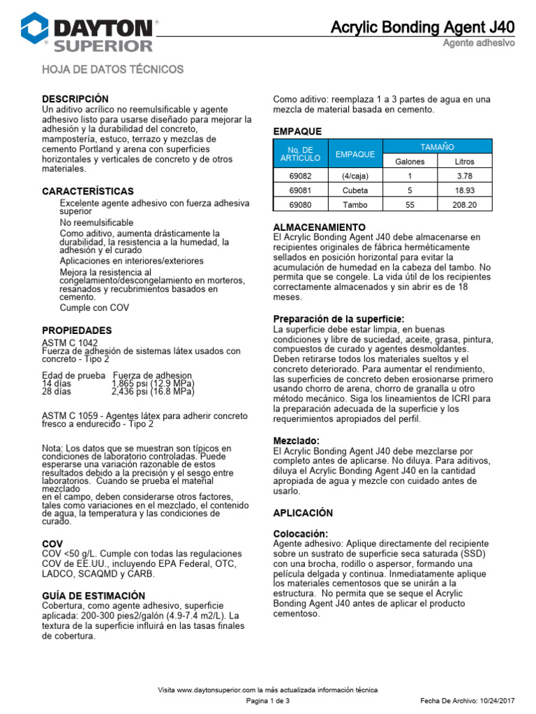 Acrylic Bonding Agent j40 - Hoja de Datos Técnicos | PDF | Hormigón | Cemento