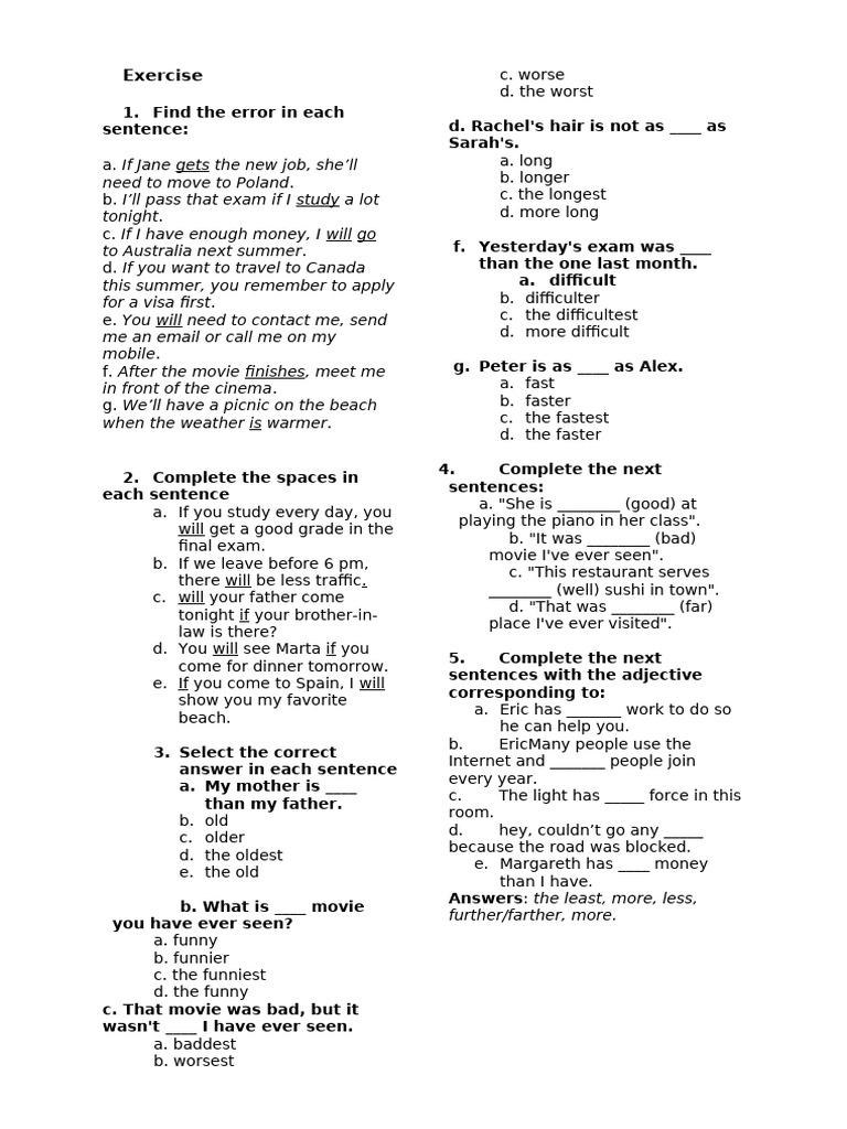 First Conditional Review (Comparatives, Superlatives, Adjectives Irregulars) | PDF