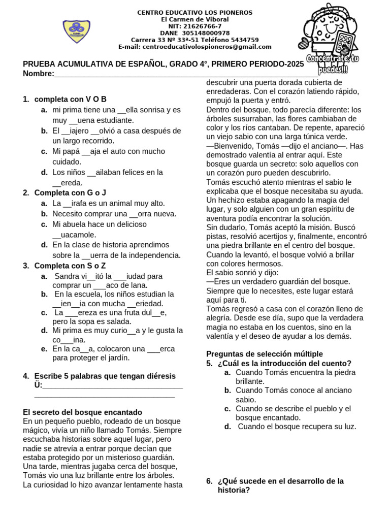 Prueba Acumulativa Español (Cuarto) | PDF