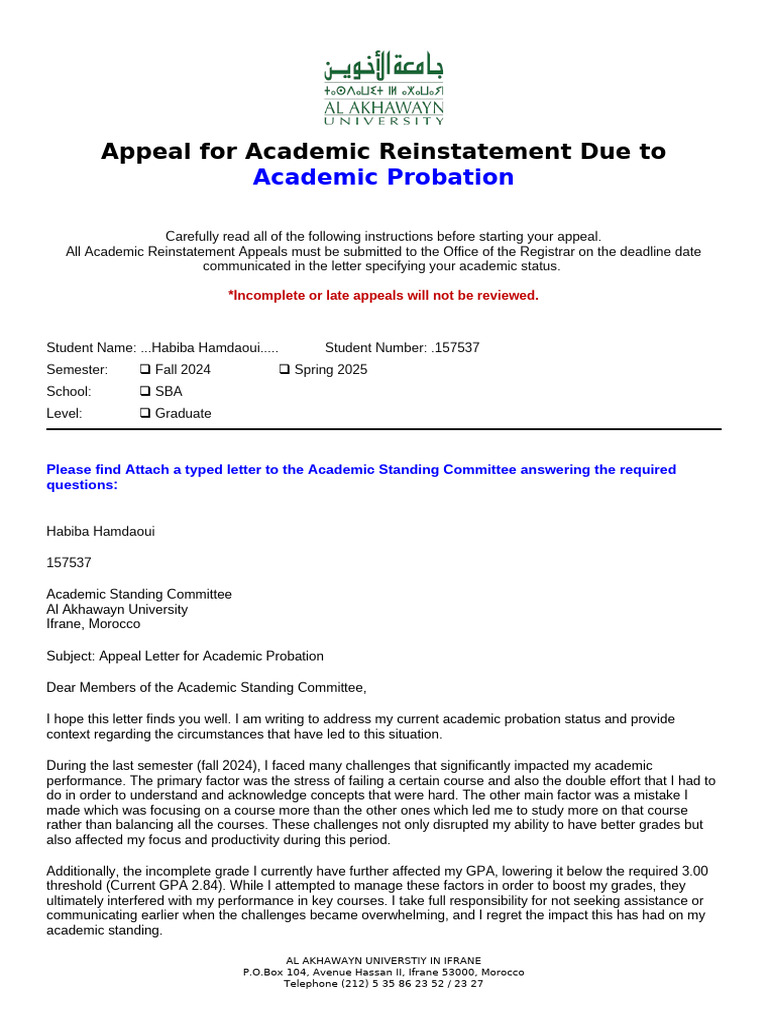 Appeal Form - Revised Form - Due To Academic Probation | PDF