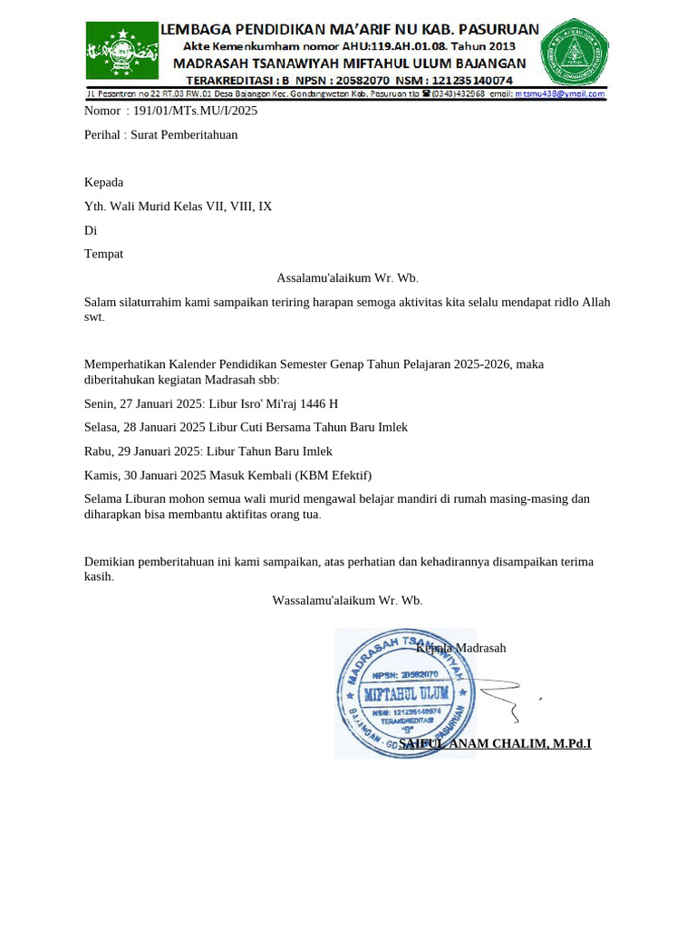 Surat Pemberitahuan Libur | PDF