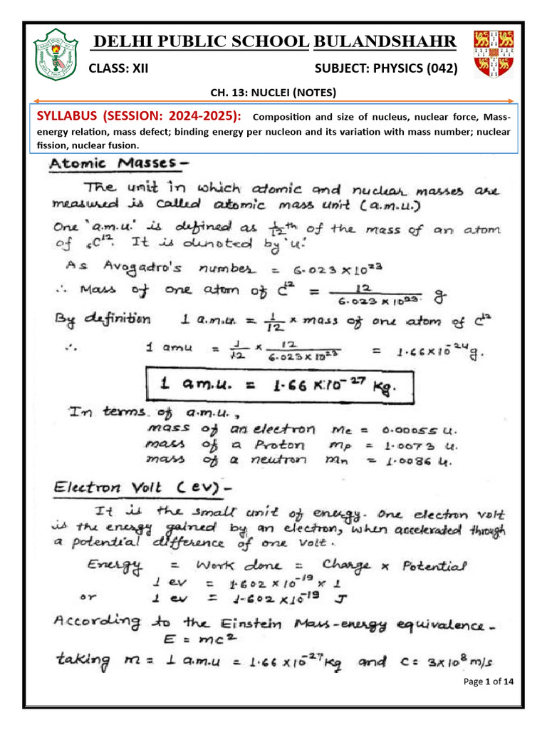 Xii - CH - 13 - Nuclei - Notes | PDF