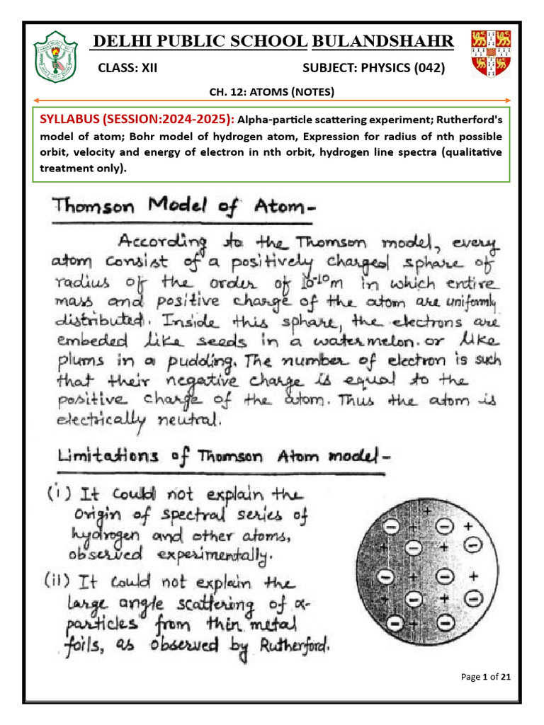 XII - CH - 12 - Atoms - Notes | PDF