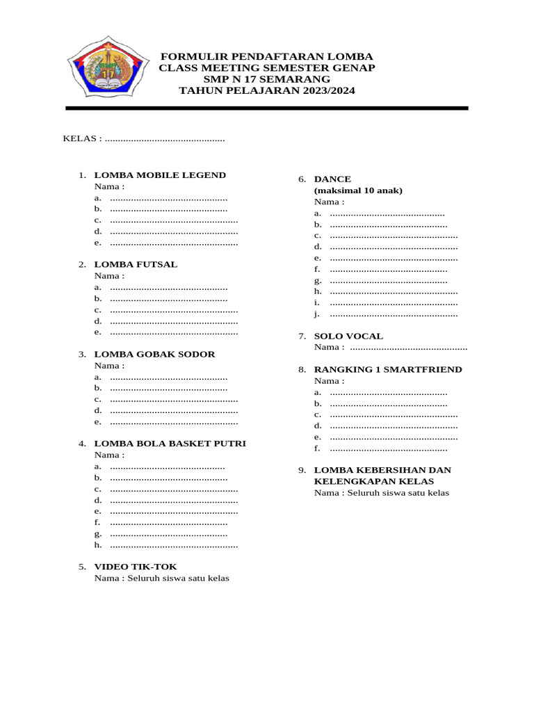 FORMULIR PENDAFTARAN LOMBA | PDF
