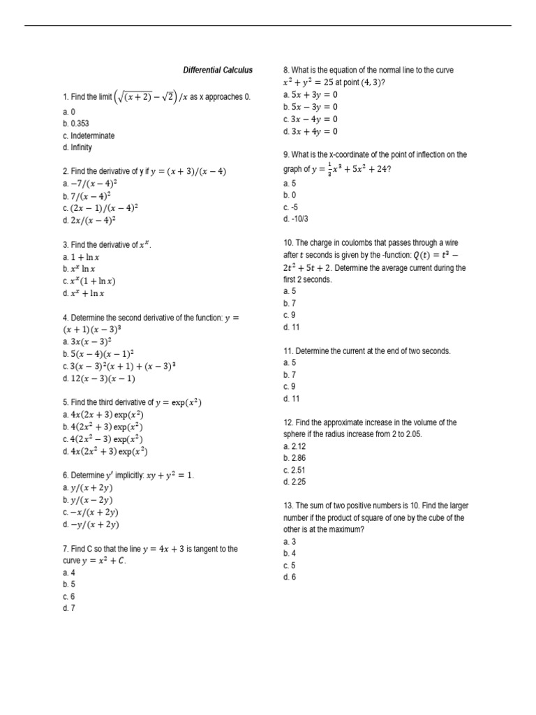 Exercise Differential Calculus Integral Calculus Differential Equations 1 PDF | PDF | Pi | Area