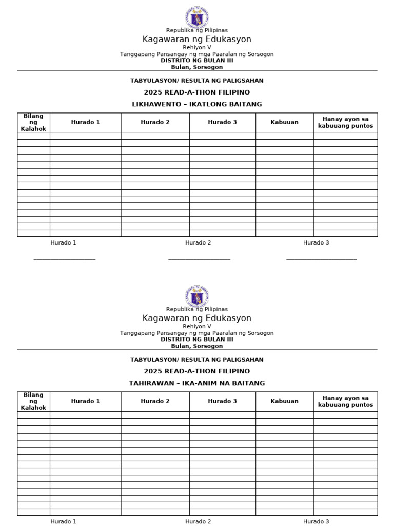 2025 Tabulation Form - Reading Month | PDF