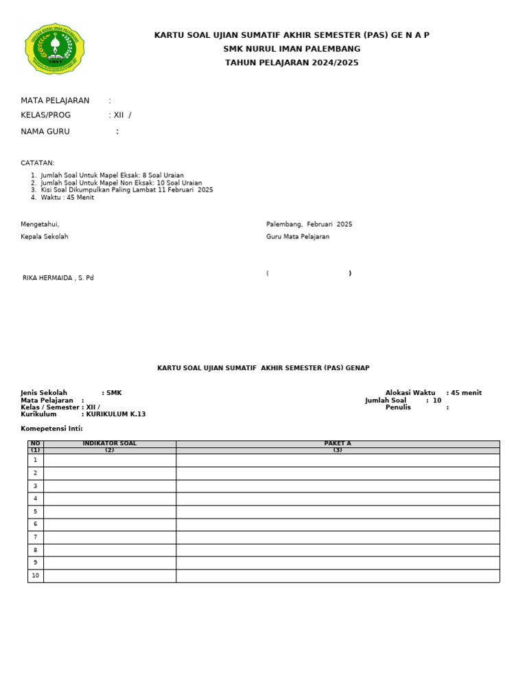 Kartu soal kls XII, KURIKULUM K13. PAS | PDF