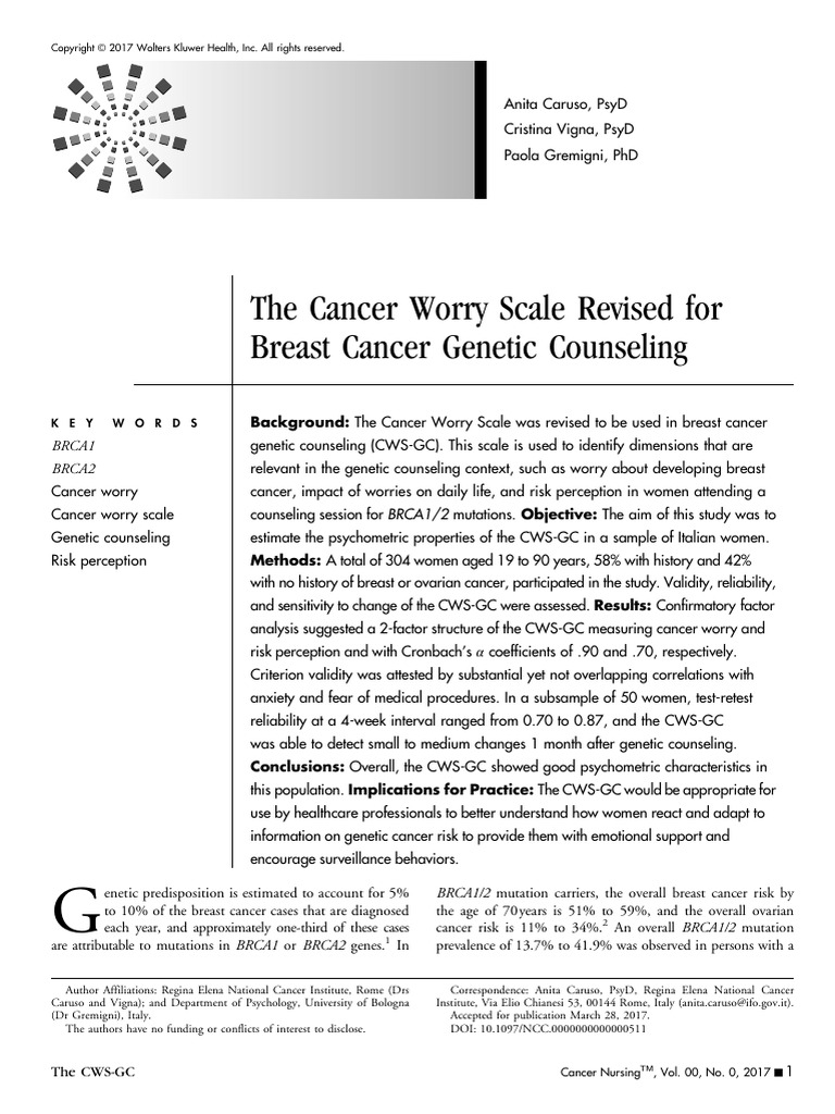 Cancer Worry Scale in Breast Cancer | PDF | Validity (Statistics) | Cancer