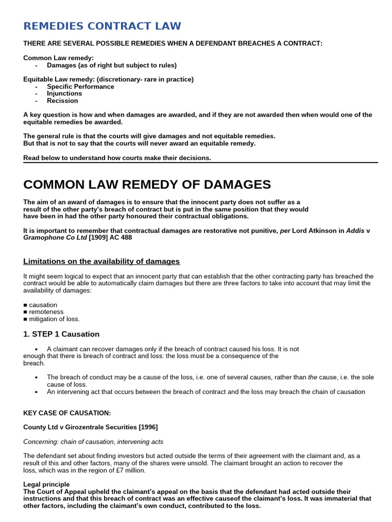Remedies Contract Notes | PDF | Misrepresentation | Damages