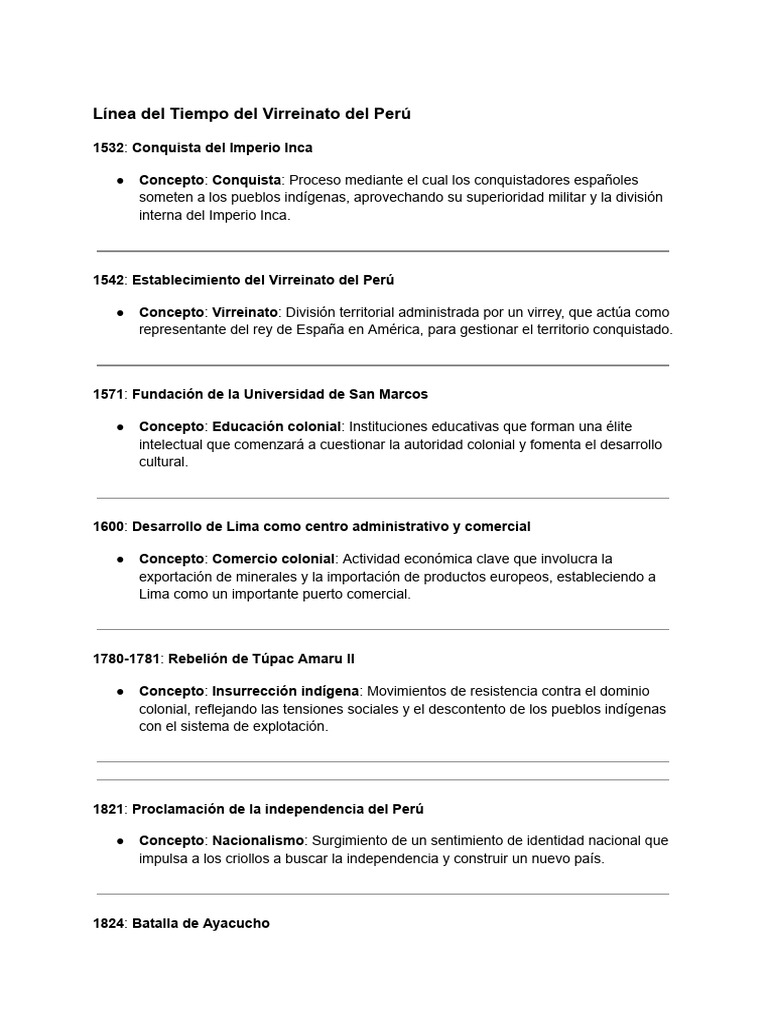Línea del Tiempo del Virreinato del Perú | PDF | Perú | América del Sur