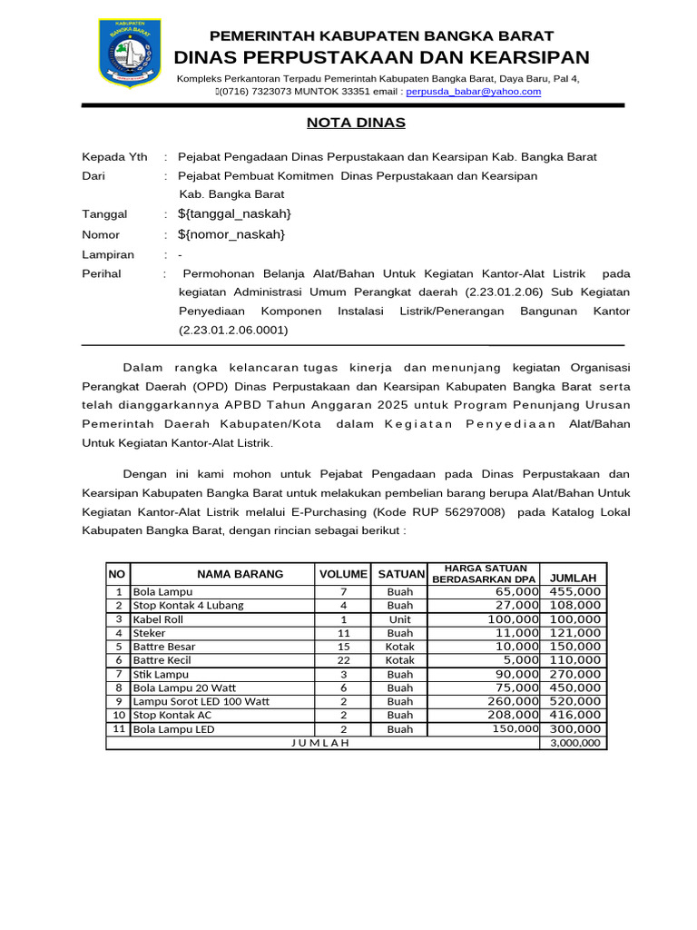 NOTA DINAS Alat Listrik 2025 | PDF