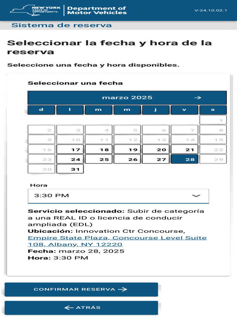 New York DMV - Reservation System Select Reservation Date and Time | PDF