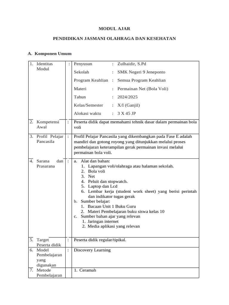 MODUL AJAR KELAS X BOLA VOLI GANJIL | PDF