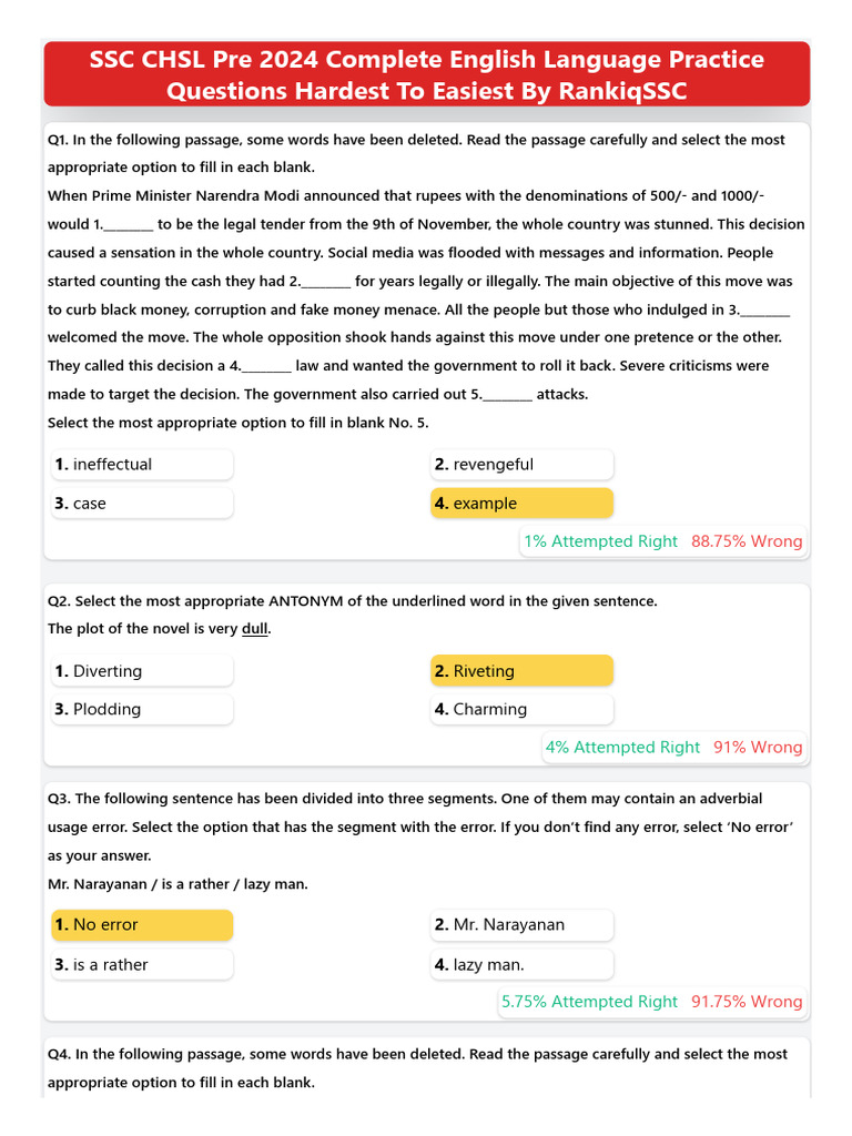 SSC CHSL PRE 2024 English Language Hard to Easy by RankiqSSC | PDF ...