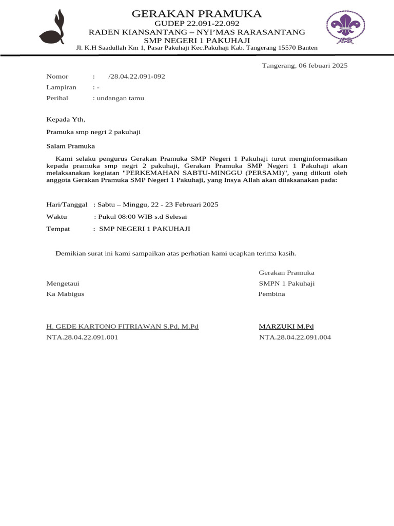 Undangan Persami Pramuka SMPN 1 Pakuhaji | PDF