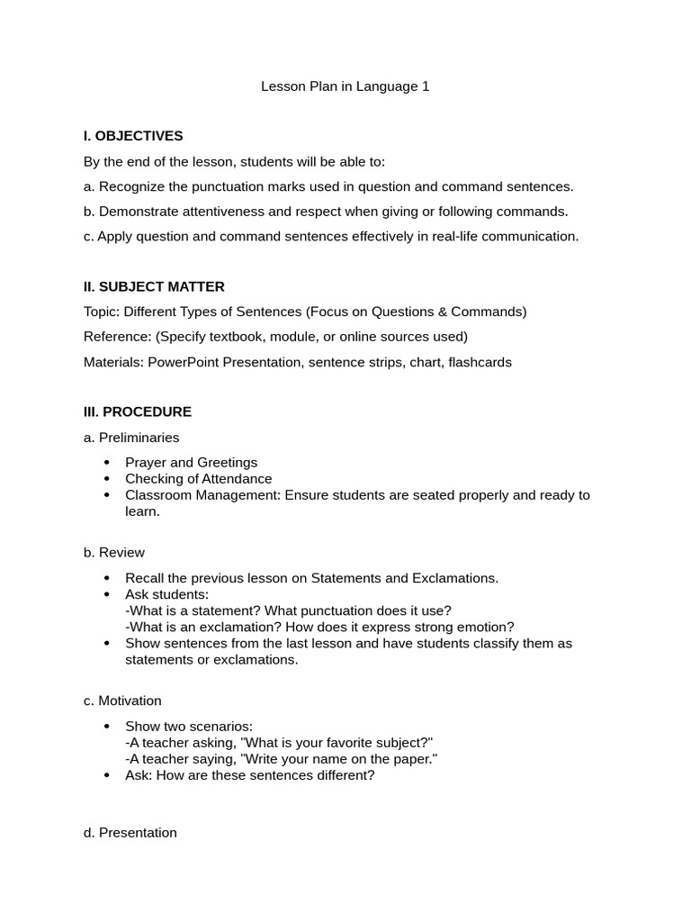 Lesson Plan in Language ST | PDF | Question | Sentence (Linguistics)