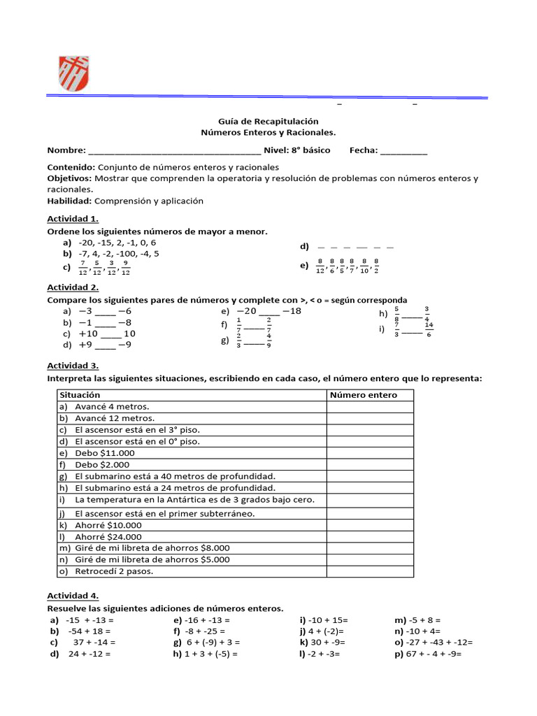 Guía de Recapitulación 8° Básico - Números Enteros y Racionales | PDF | Entero