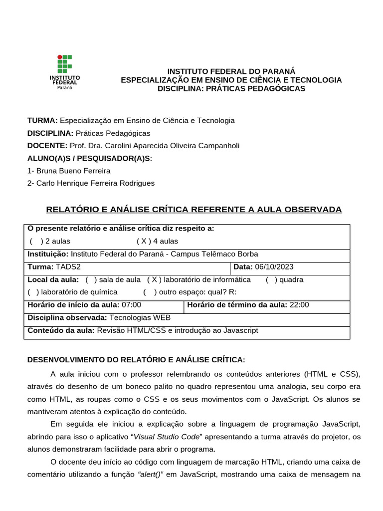 3 - Relatório - Análise Crítica Da Aula Observada - Práticas Pedagógicas | PDF | Script Java | Html