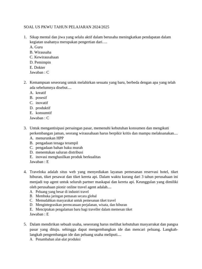 SOAL US PKWU TAHUN PELAJARAN 2024-2025 | PDF