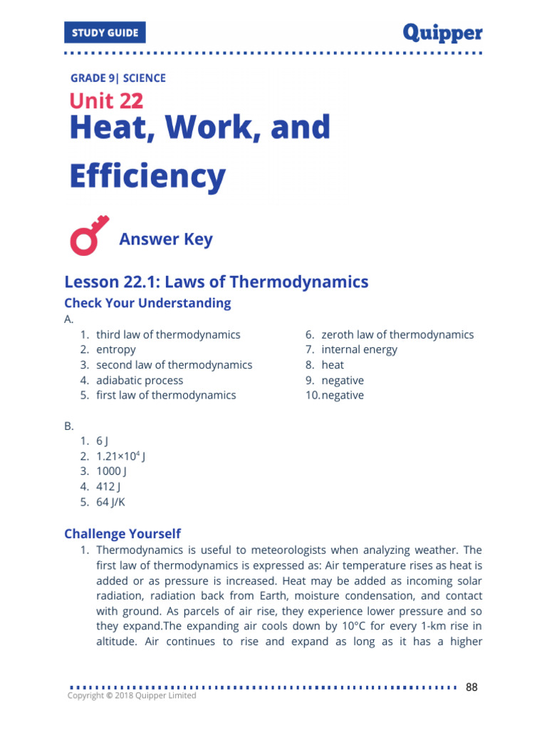 Science 9 Unit 22 Heat, Work, and Efficiency (Answer Key) | PDF | Steam ...