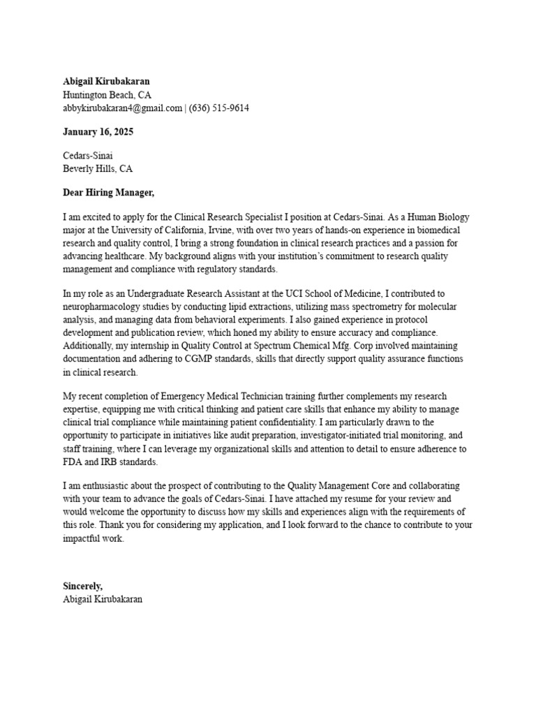 Cover Letter Cedars-Sinai | PDF