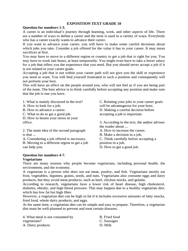EXPOSITION TEXT GRADE 10 | PDF | Vegetarianism | Fat
