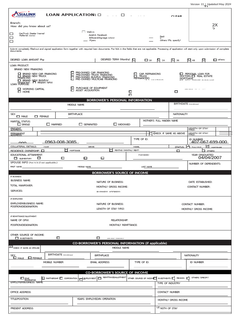 Loan Application Form - Asialink Finance | PDF | Refinancing | Loans