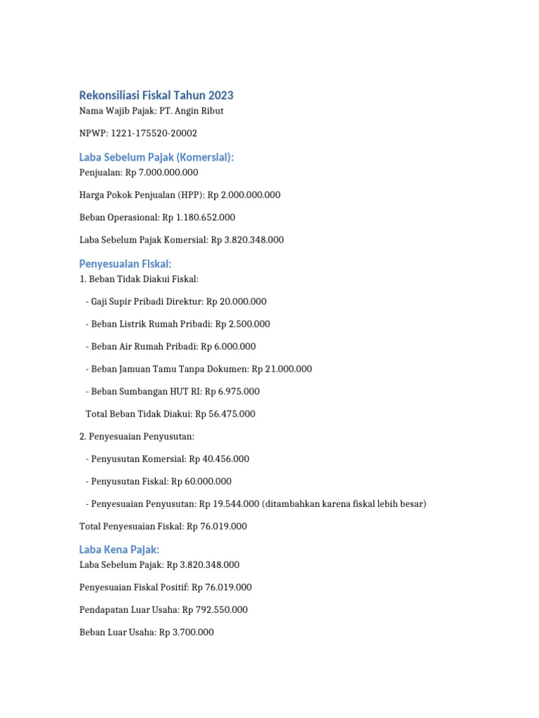 Rekonsiliasi Fiskal PT Angin Ribut | PDF