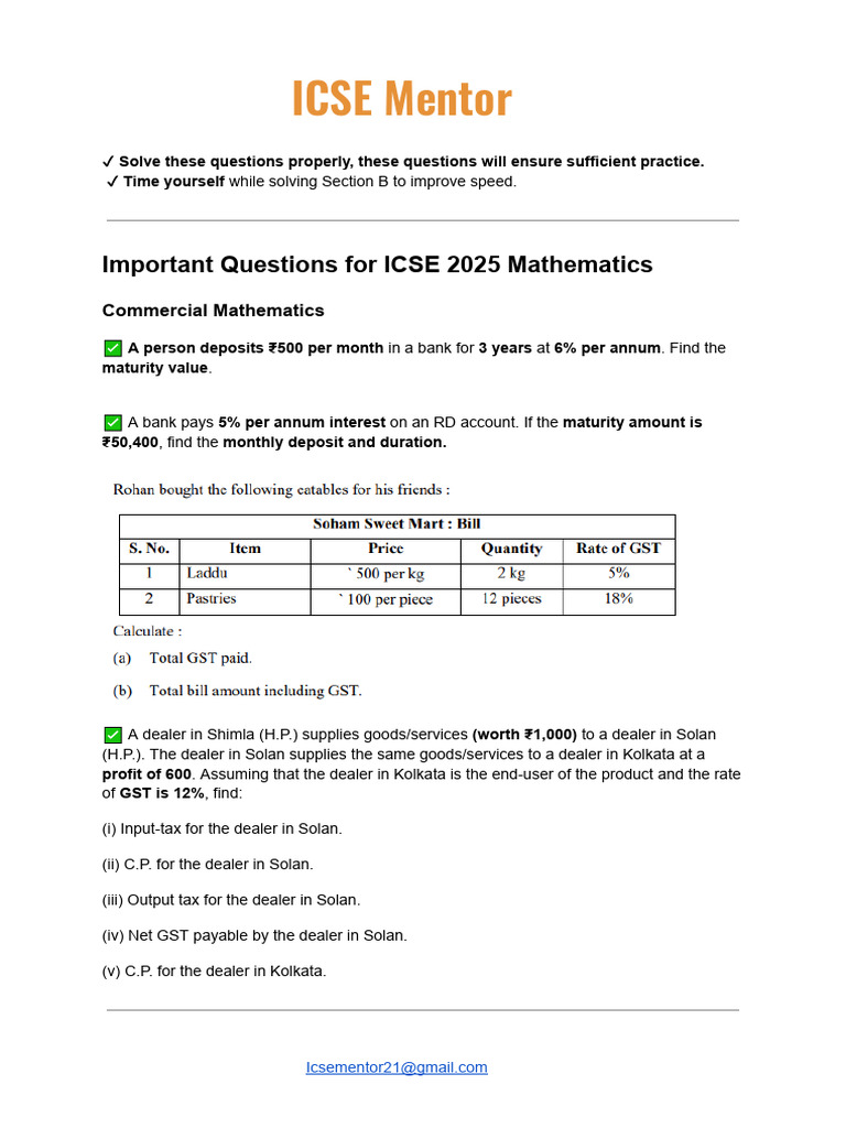 Important Questions For ICSE 2025 Maths | PDF | Sphere | Elementary ...