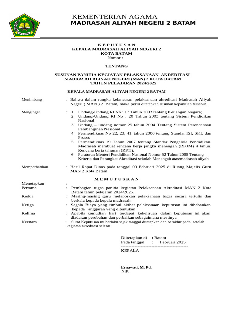 Biaya Akreditasi MAN 2 Batam 2024/2025 | PDF
