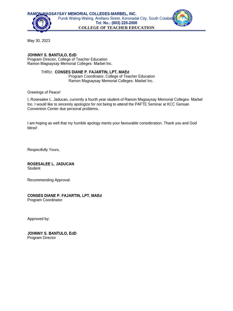 Apology for PAFTE Seminar Absence | PDF