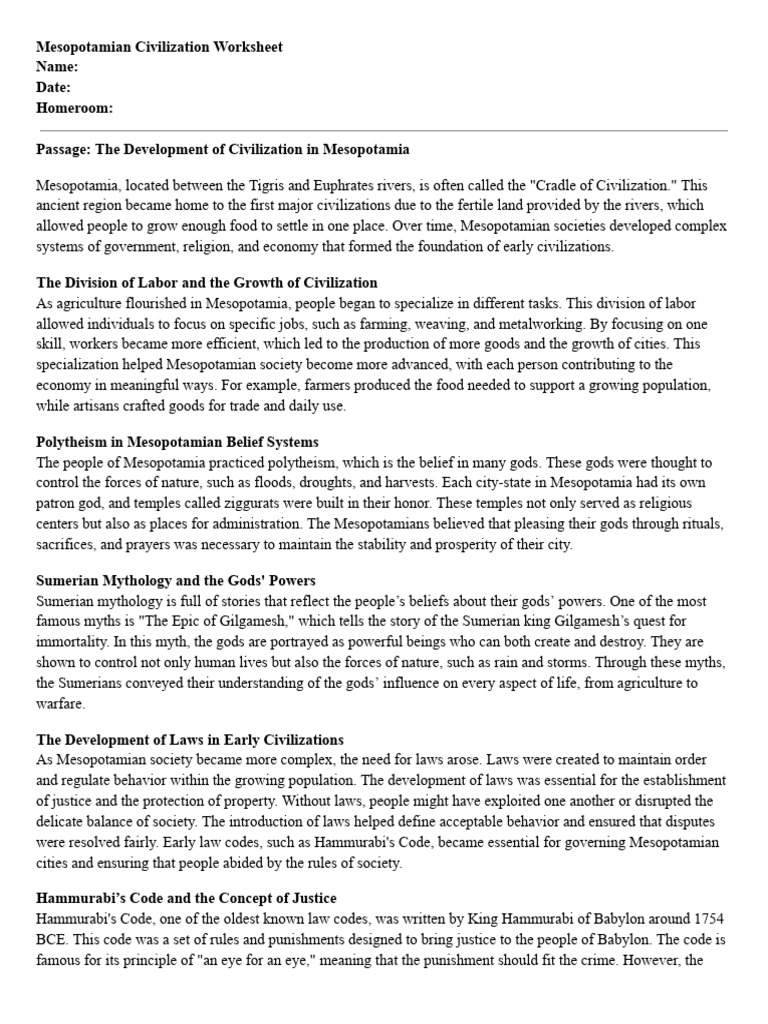 Mesopotamian Civilization Worksheet | PDF | Mesopotamia | Sumer