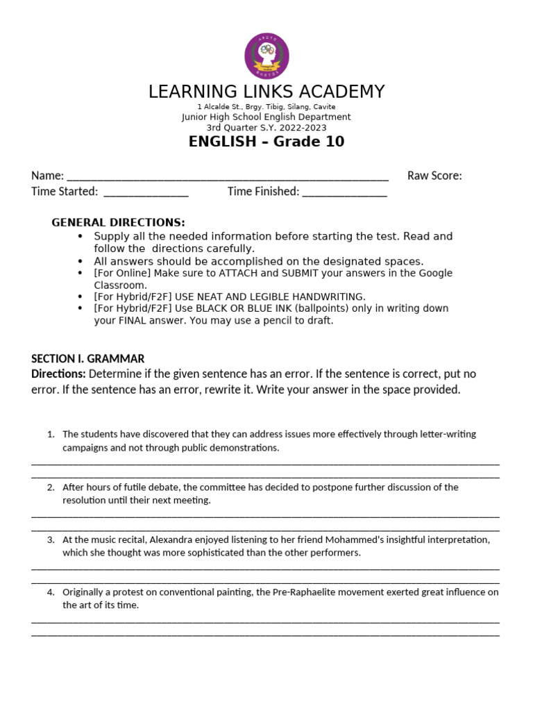 Grade 10 English Assessment Guide | PDF