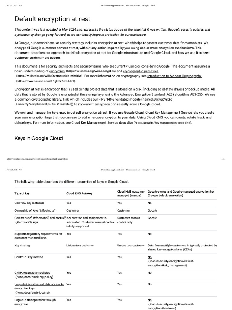 Default Encryption at Rest - Documentation - Google Cloud | PDF | Encryption | Key (Cryptography)