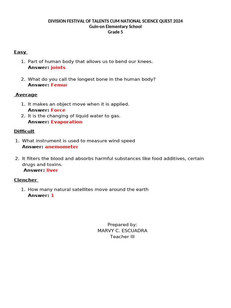 Grade 5 Science Quiz Questions & Answers | PDF