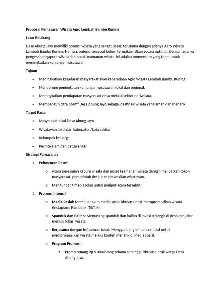 Proposal Pemasaran Wisata Agro Lembah Bambu Kuning | PDF