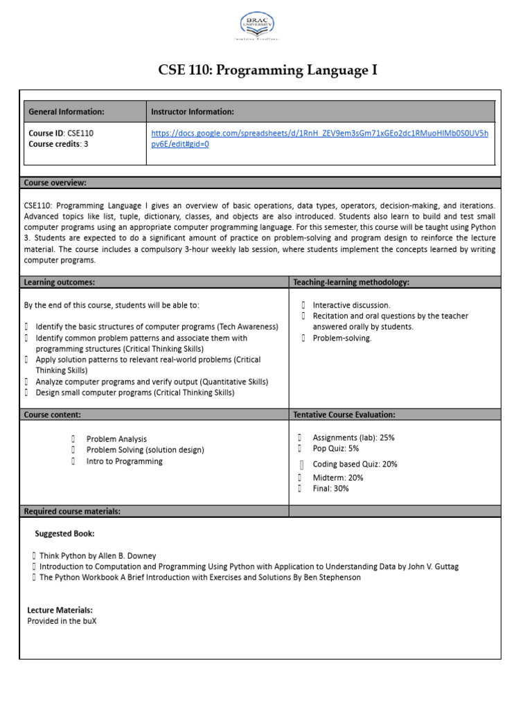 CSE110 Course Outline Fall-21 | PDF | Computer Programming | Critical Thinking