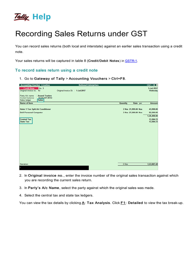 Recording Sales Returns Under GST | PDF