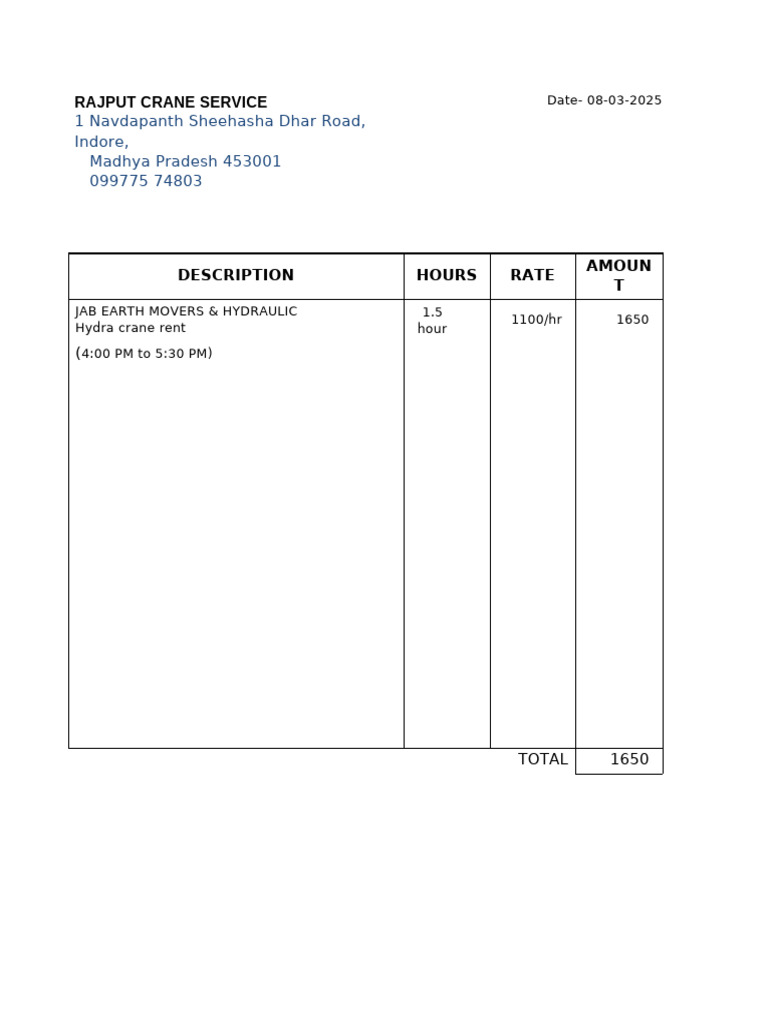 Hydra Crane Rental Invoice Format | PDF