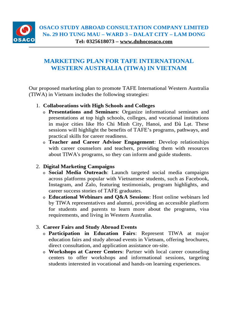 Marketing Plan For Tafe International Western Australia (Tiwa) in ...