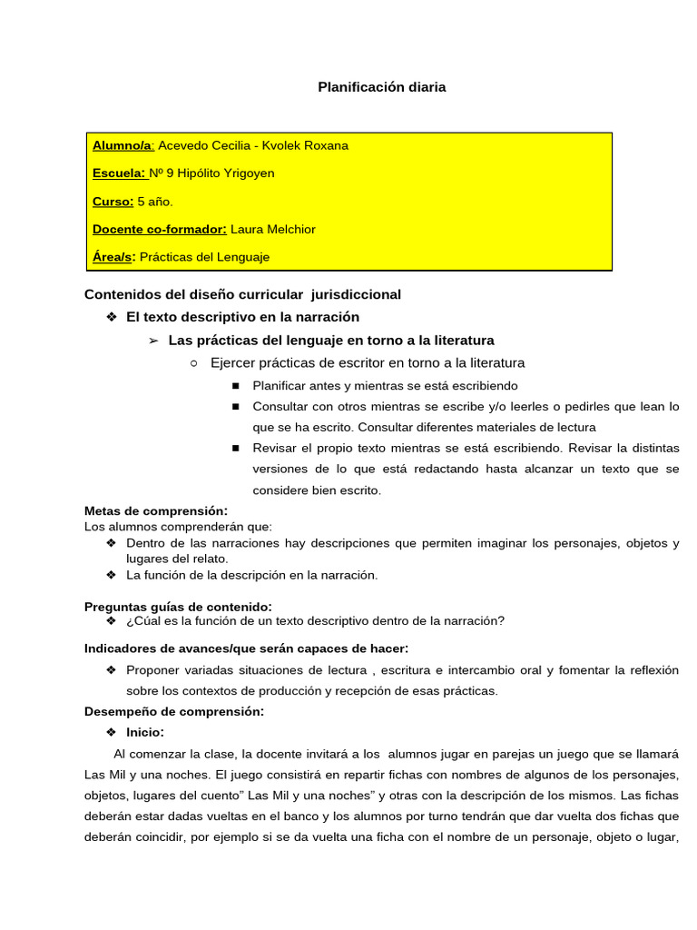 Planificación Diaria de Prácticas Del Lenguaje Del 2016 | PDF ...