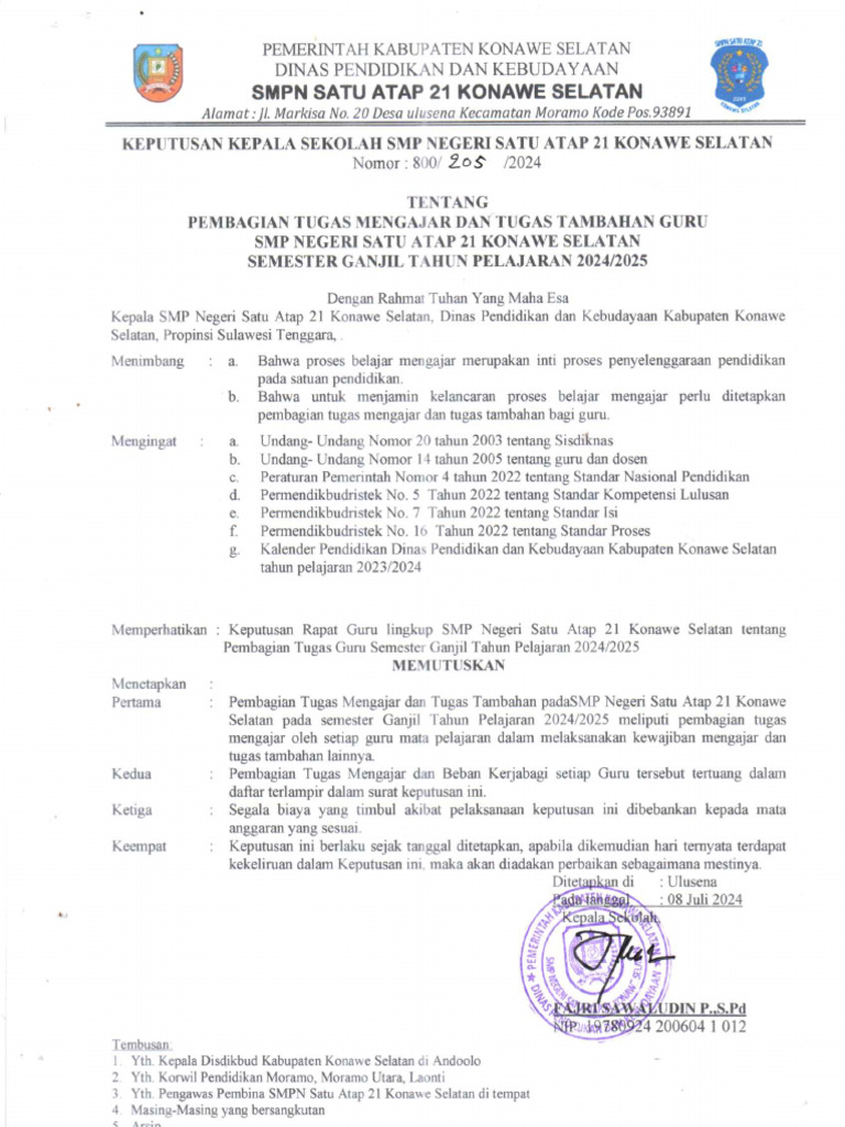 Sk Pembagian Tugas Smp Ganjil 2024 | PDF